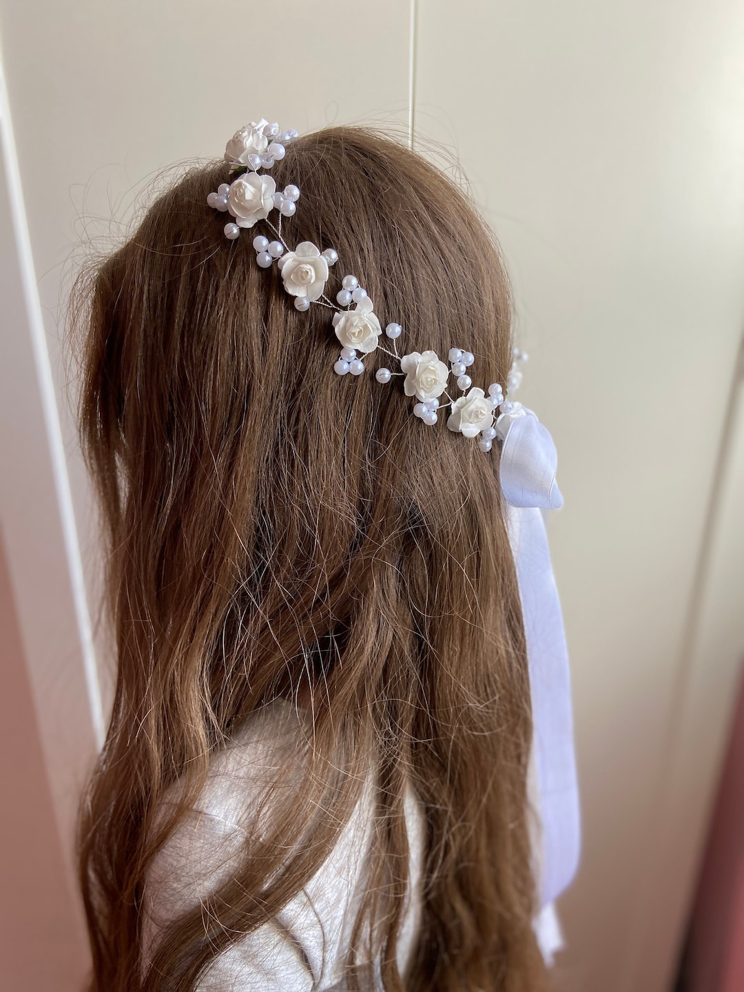 First Communion Headpiece With Pearls and Flowers, White Flower Girl ...