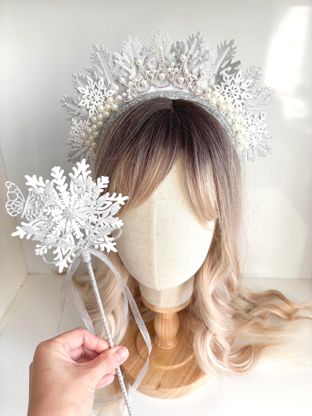 Snowflake Crown Headpiece With Wand and Crystal Bead Strands – Winter ...