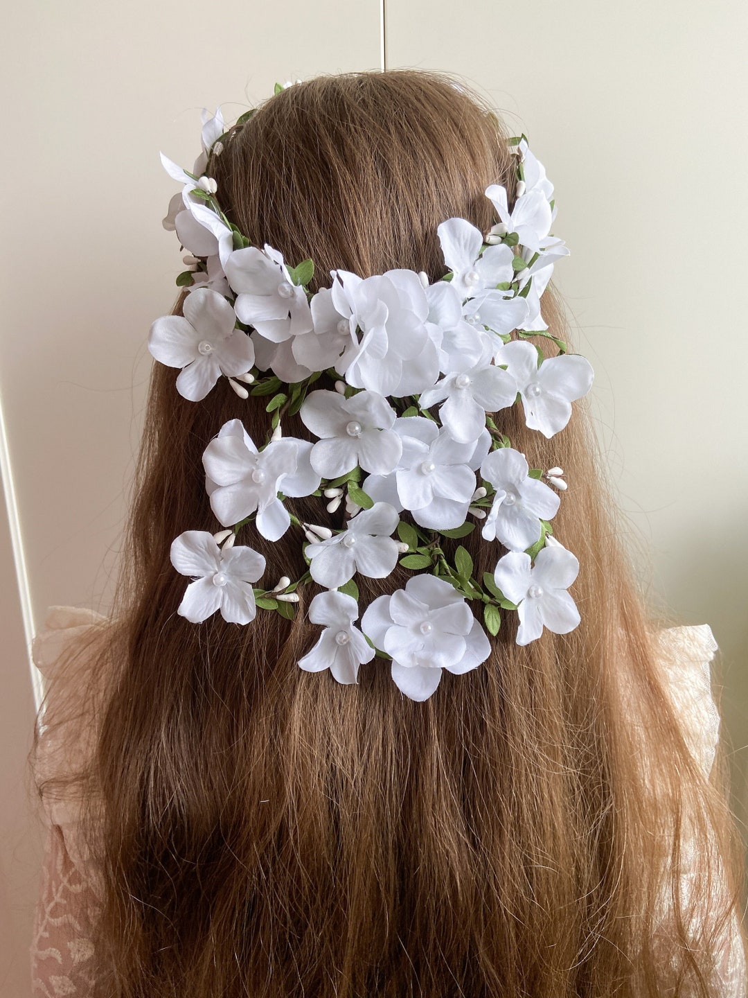 White Flower Cascade Crown With Green Leaves, Floral Cascading Crown ...