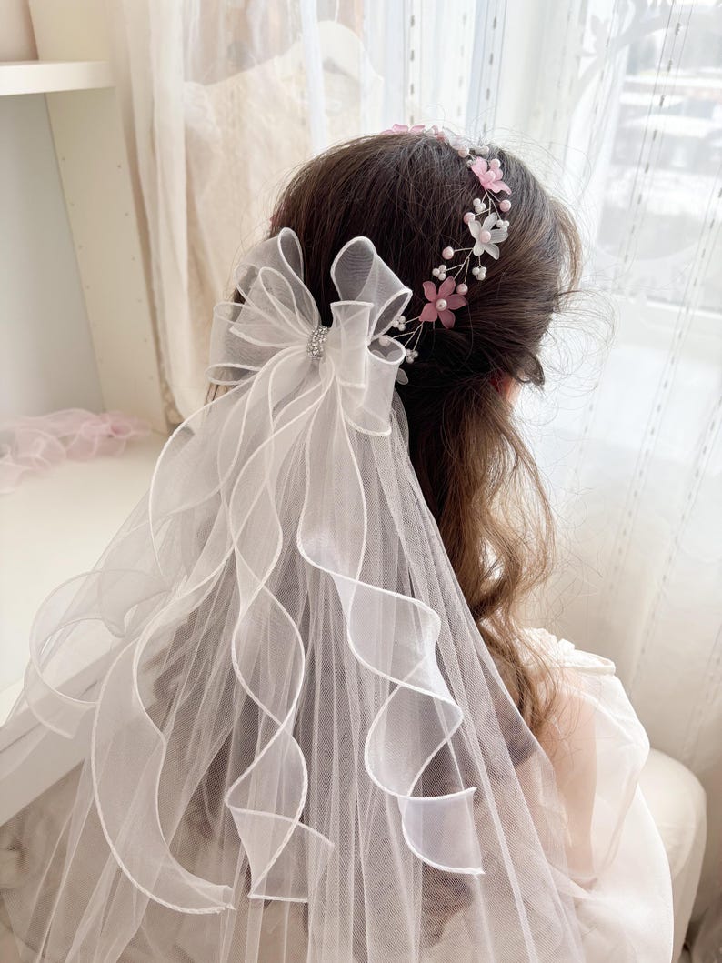 White & Pink Floral Hair Vine With Pearl Beads, Bow and Veil for First ...