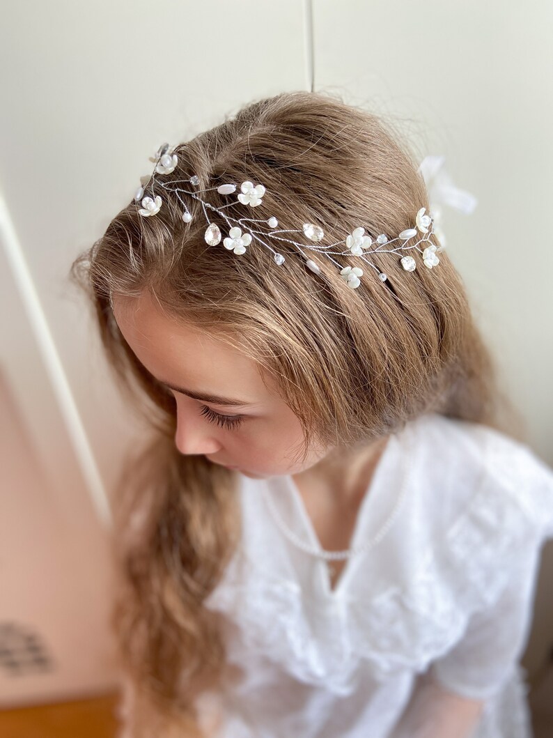 White Pearl Crown With Flower First Communion Crown With - Etsy