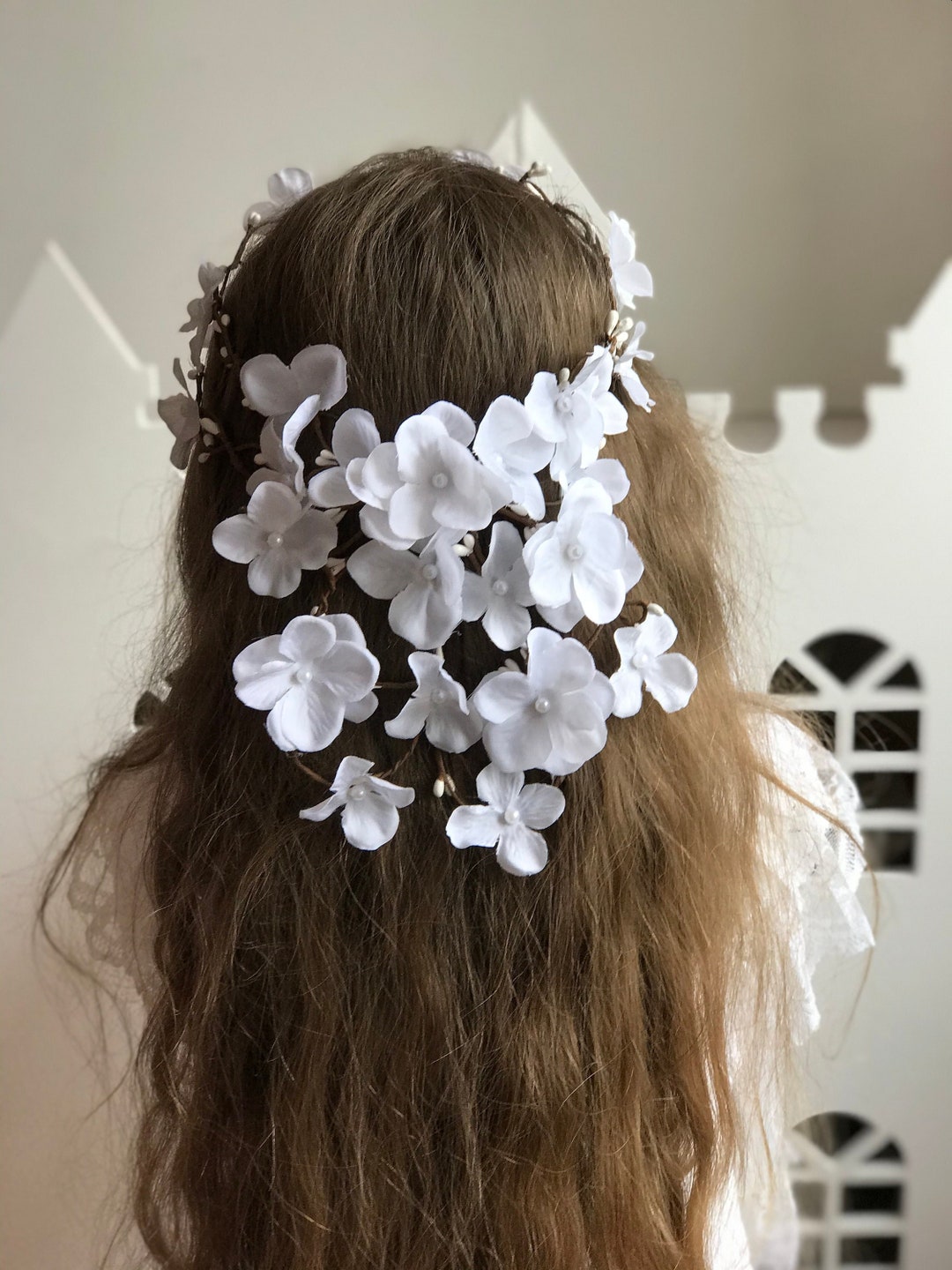 Brilliant White Flower Cascade Crown, Flower Hair Vine, First Communion ...