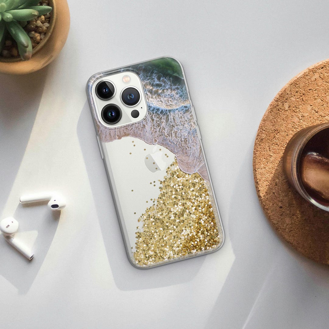 Coastal Gold Glitter Liquid iPhone Case Beach Wave Floating Sparkle ...