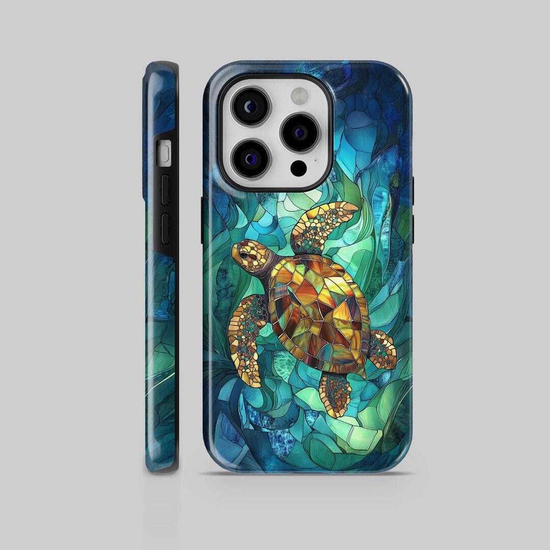 Sea Turtle Tough Phone Case Stained Glass Ocean Cover for iPhone 16 Pro ...