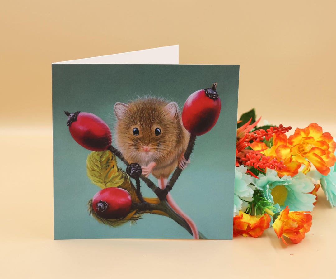 Harvest Mouse Greetings Card, Mouse on Rosehips, Colourful Art Print ...