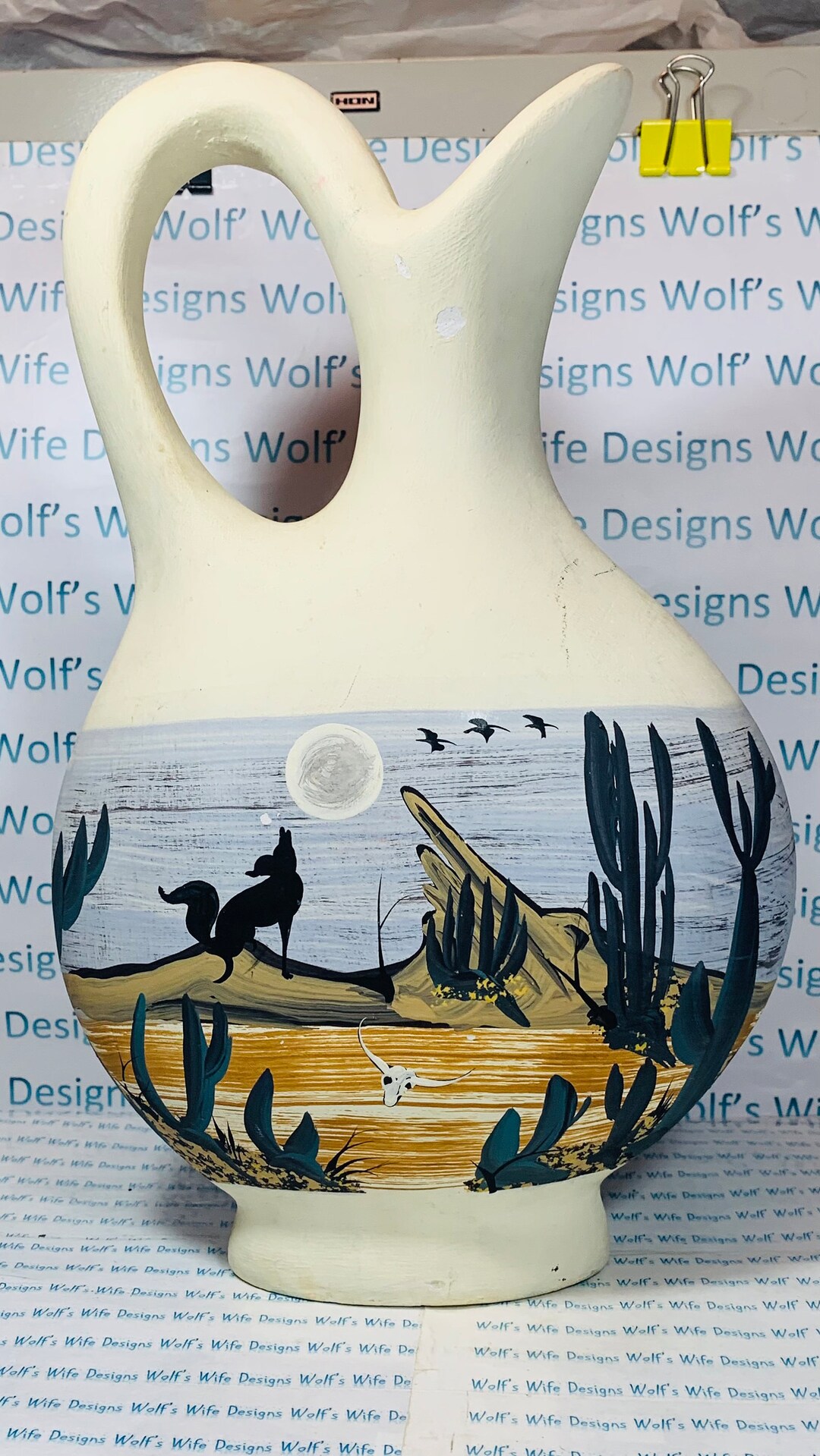 Fine Desert Pottery Jug Hand Painted Desert Seeing a Coyote With Moon ...