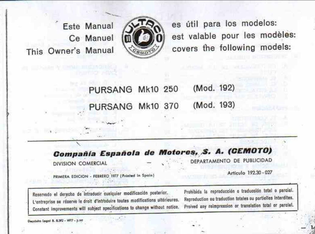 1977 Bultaco Pursang MK10 250 370 Models 192 193 Owners Manual 40 Pages ...