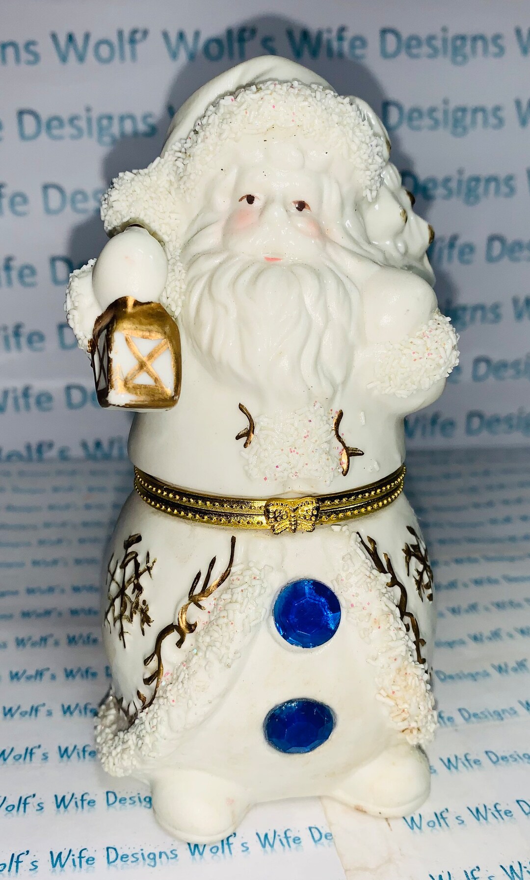 White Porcelain Santa With Gold Color Trim and Blue Jewels Trinket Box ...