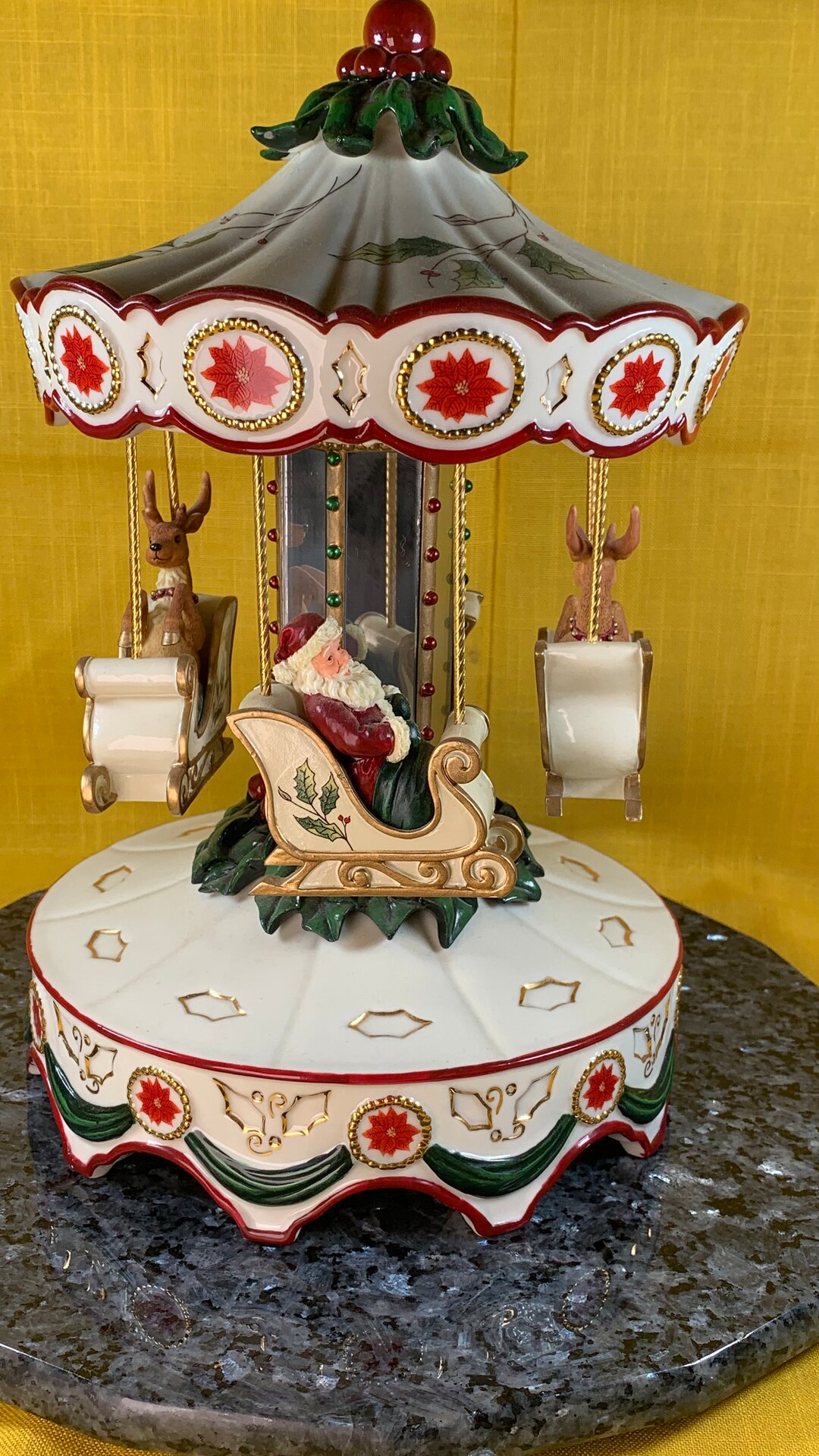 Vintage Musical Spinning Santa and Reindeer Carousel Gold White Green ...