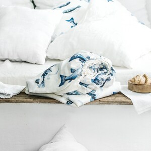 Fisherman Linen Fitted Sheet - Linen Sheet With Sea Fish - King Queen ...