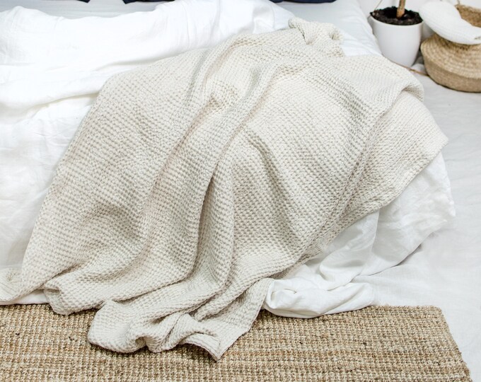 Waffle Throw Blanket in Sand Color. Stonewashed Linen Blanket - Etsy