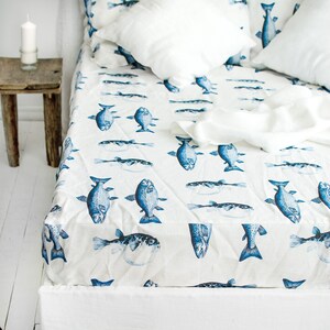 Fisherman Linen Fitted Sheet - Linen Sheet With Sea Fish - King Queen ...