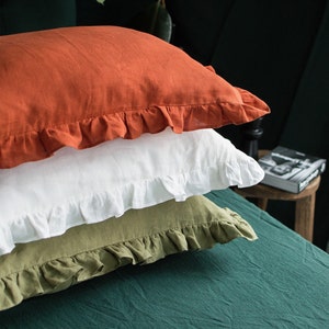 Ruffled Linen Sham With Envelope Closure, Washed Frilled Linen Pillow ...
