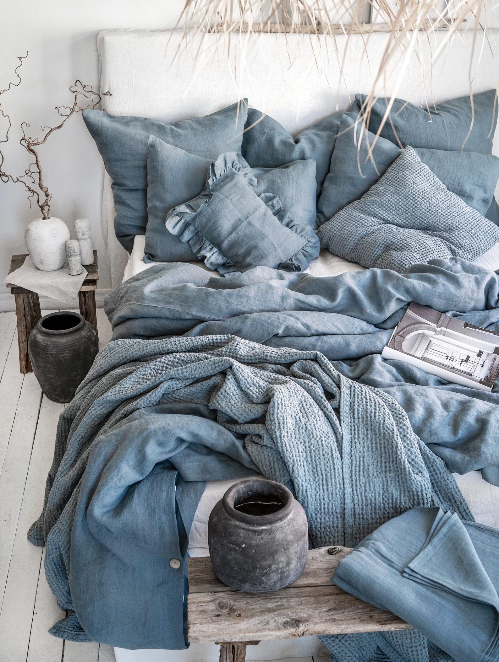 DUSTY BLUE WAFFLE Blanket. Naturally Softened Dusty Blue Linen Bed ...