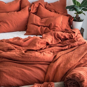 Terracotta Linen Sheet Set. Clay Red Fitted Sheet, Flat Sheet & 2 ...