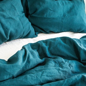 Emerald Blue Linen Bedding Set - Duvet Cover & 2 Pillowcases Set - King ...