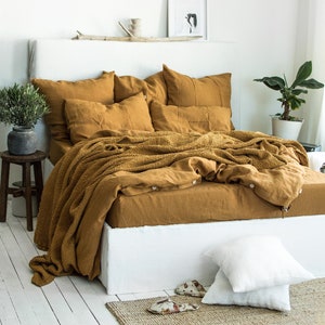 Linen Fitted Sheet in Mustard - King, Queen, Full, Double, Twin, Single ...