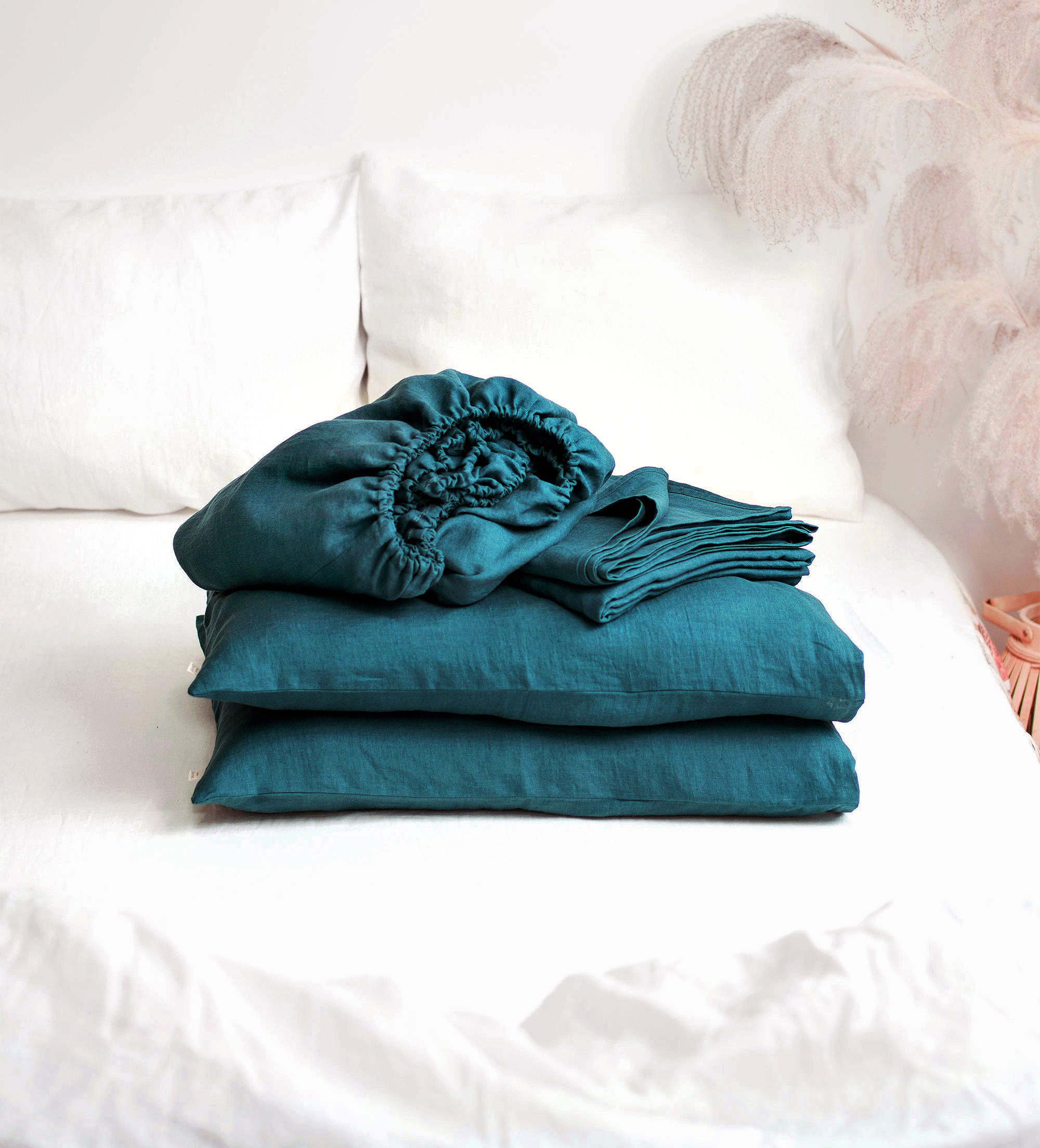 Linen Sheet Set in Emerald Blue - Fitted Sheet, Flat Sheet, 2 ...