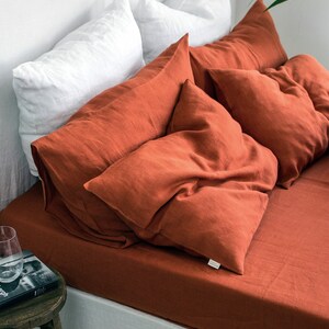 Terracotta Linen Sheet Set. Clay Red Fitted Sheet, Flat Sheet & 2 ...