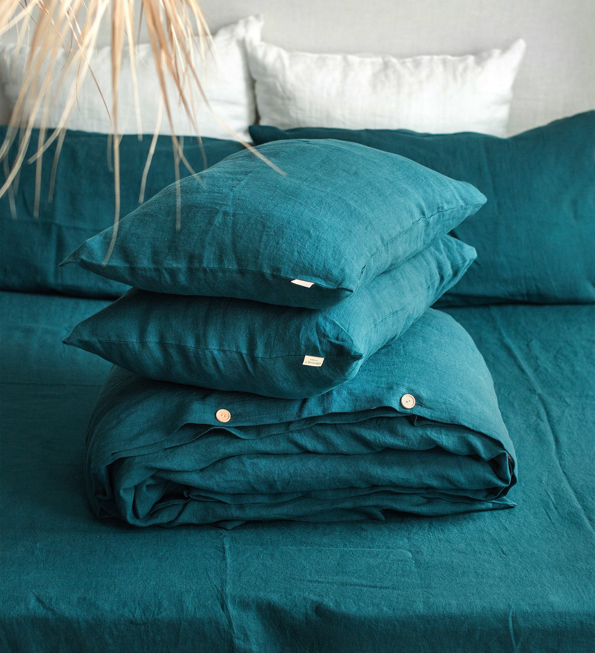 Emerald Blue Linen Bedding Set - Duvet Cover & 2 Pillowcases Set - King ...