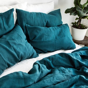 Emerald Blue Linen Bedding Set - Duvet Cover & 2 Pillowcases Set - King ...
