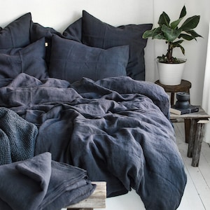Graphite Blue Linen Bedding Set - Duvet Cover & 2 Pillowcases - King ...