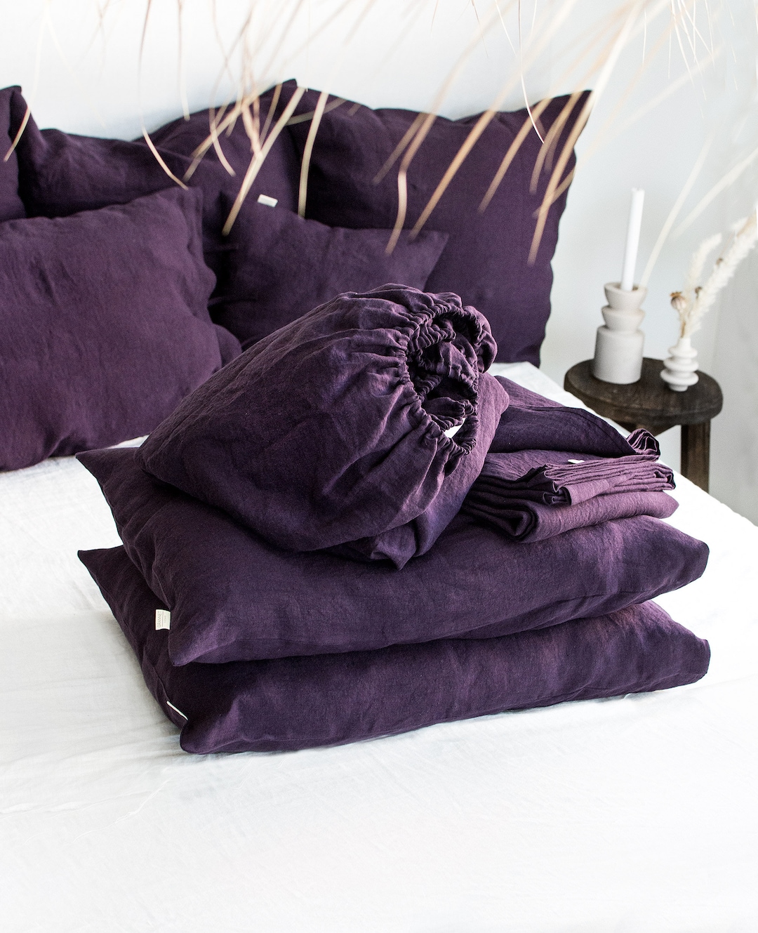 Linen Sheet Set in Plum. Fitted Sheet, Flat Sheet & 2 Pillowcases in ...