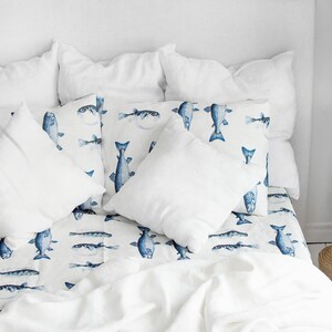 Fisherman Linen Fitted Sheet - Linen Sheet With Sea Fish - King Queen ...