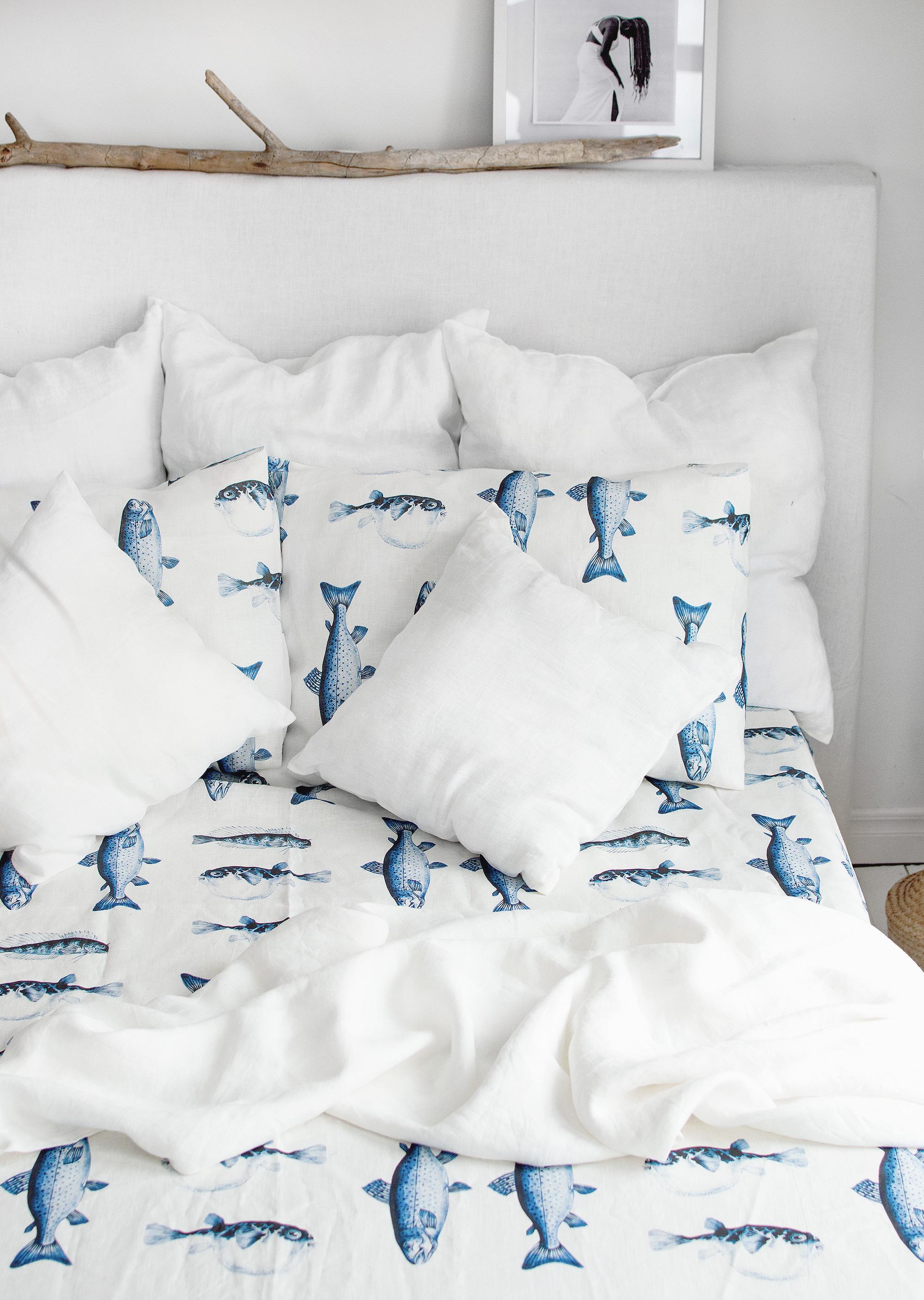 Fisherman Linen Fitted Sheet - Linen Sheet With Sea Fish - King Queen ...