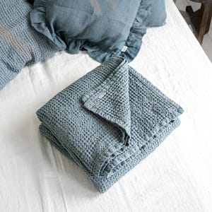 DUSTY BLUE WAFFLE Blanket. Naturally Softened Dusty Blue Linen Bed ...