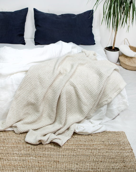 Waffle Throw Blanket in Sand Color. Stonewashed Linen Blanket - Etsy