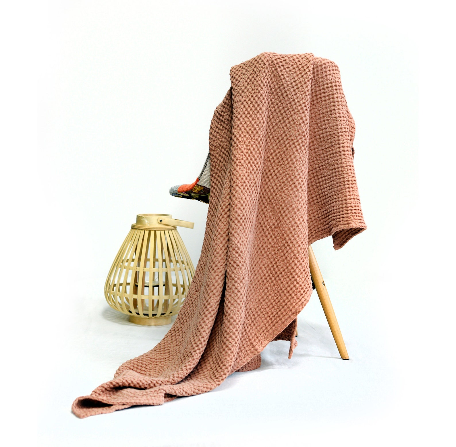 Linen Waffle Throw Blanket in Beige. Extra Soft & Puffy Waffle Blanket ...