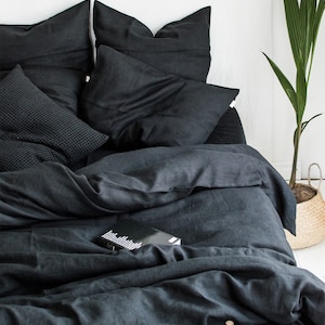 Linen Bedding Set in Space Black. 3 Piece Set in King, Queen, Twin ...