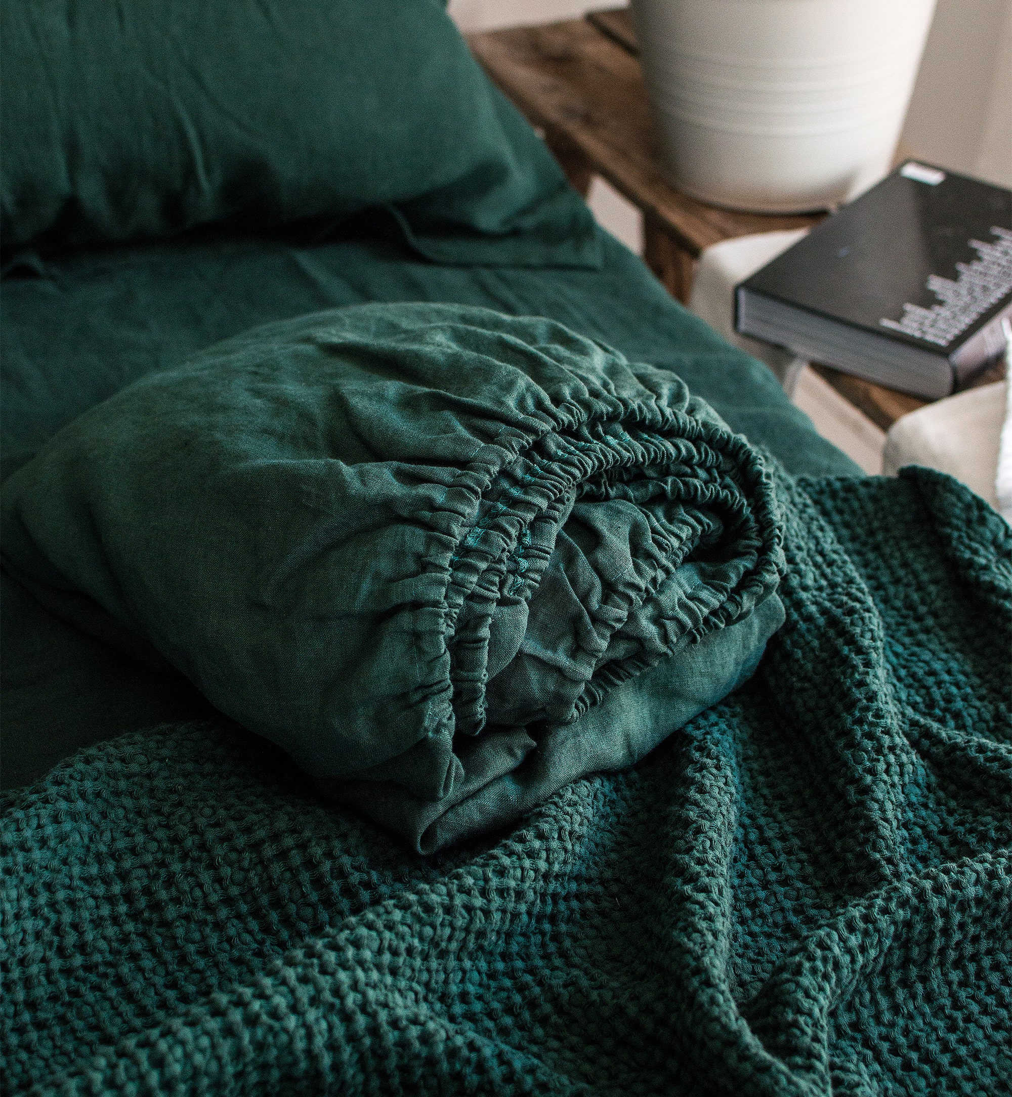 Linen Fitted Sheet in Jungle Green. Washed Linen Sheet in King, Queen ...