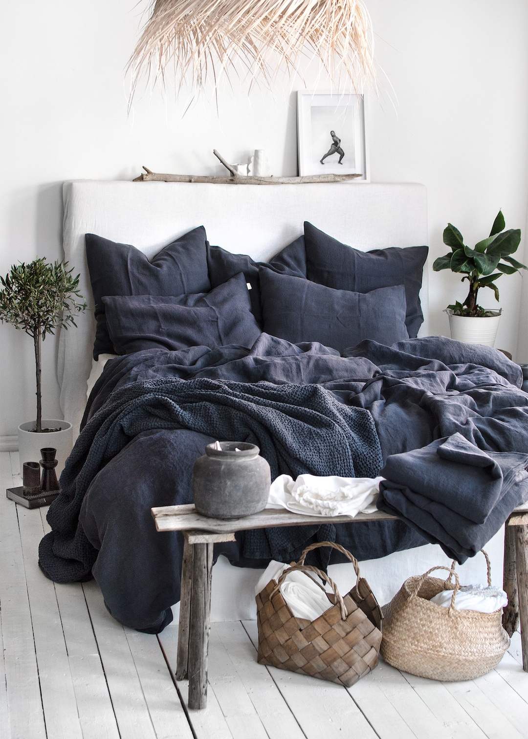Graphite Blue Linen Bedding Set - Duvet Cover & 2 Pillowcases - King ...
