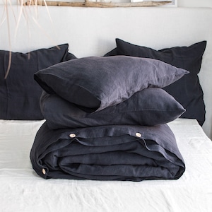 Graphite Blue Linen Bedding Set - Duvet Cover & 2 Pillowcases - King ...