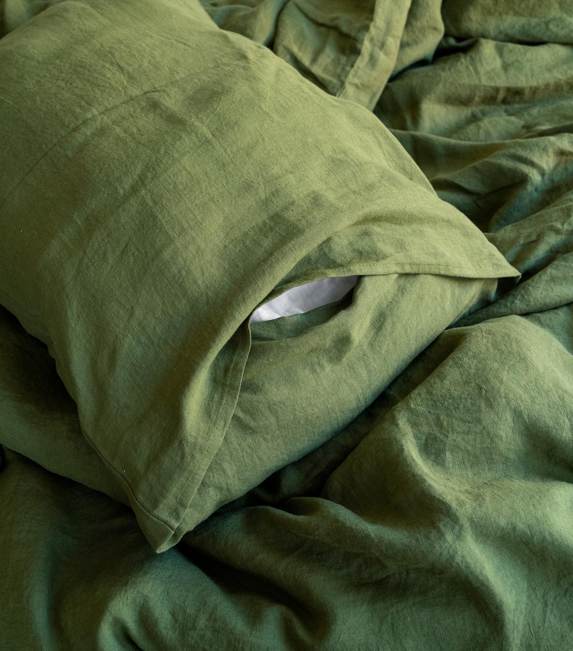 Linen Sheet Set in Moss Green - Fitted Sheet, Flat Sheet & 2 ...