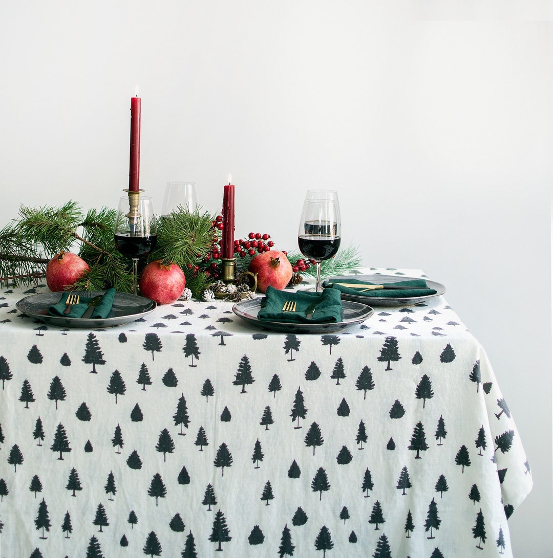 Linen Tablecloth With Forest Trees. Cozy Linen Tablecloth for Round and ...