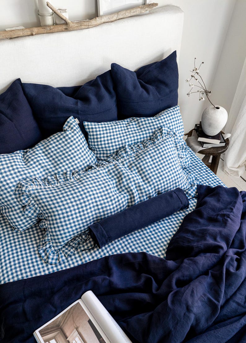 Blue Gingham Linen Sheet Set - Lake Blue Checked Bedding - Fitted, Flat ...