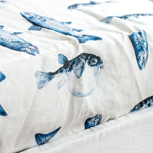 Fisherman Linen Fitted Sheet - Linen Sheet With Sea Fish - King Queen ...