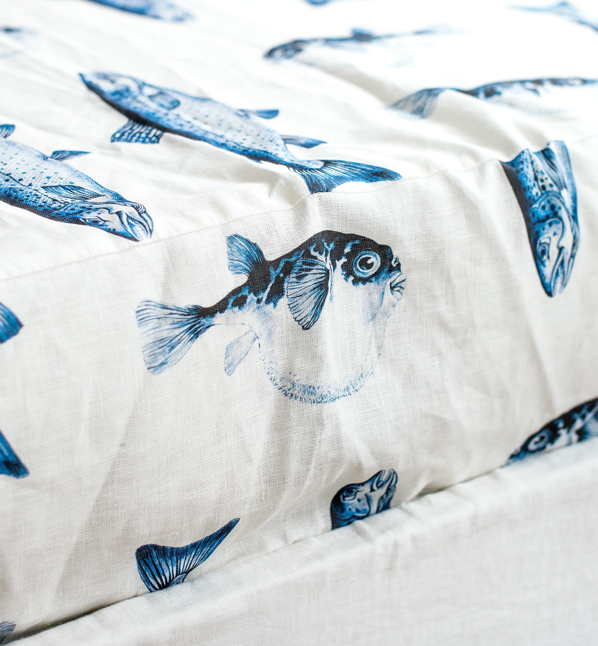 Fisherman Linen Fitted Sheet - Linen Sheet With Sea Fish - King Queen ...