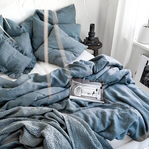 DUSTY BLUE LINEN Sheet Set. Fitted Sheet, Flat Sheet & 2 Pillowcases in ...