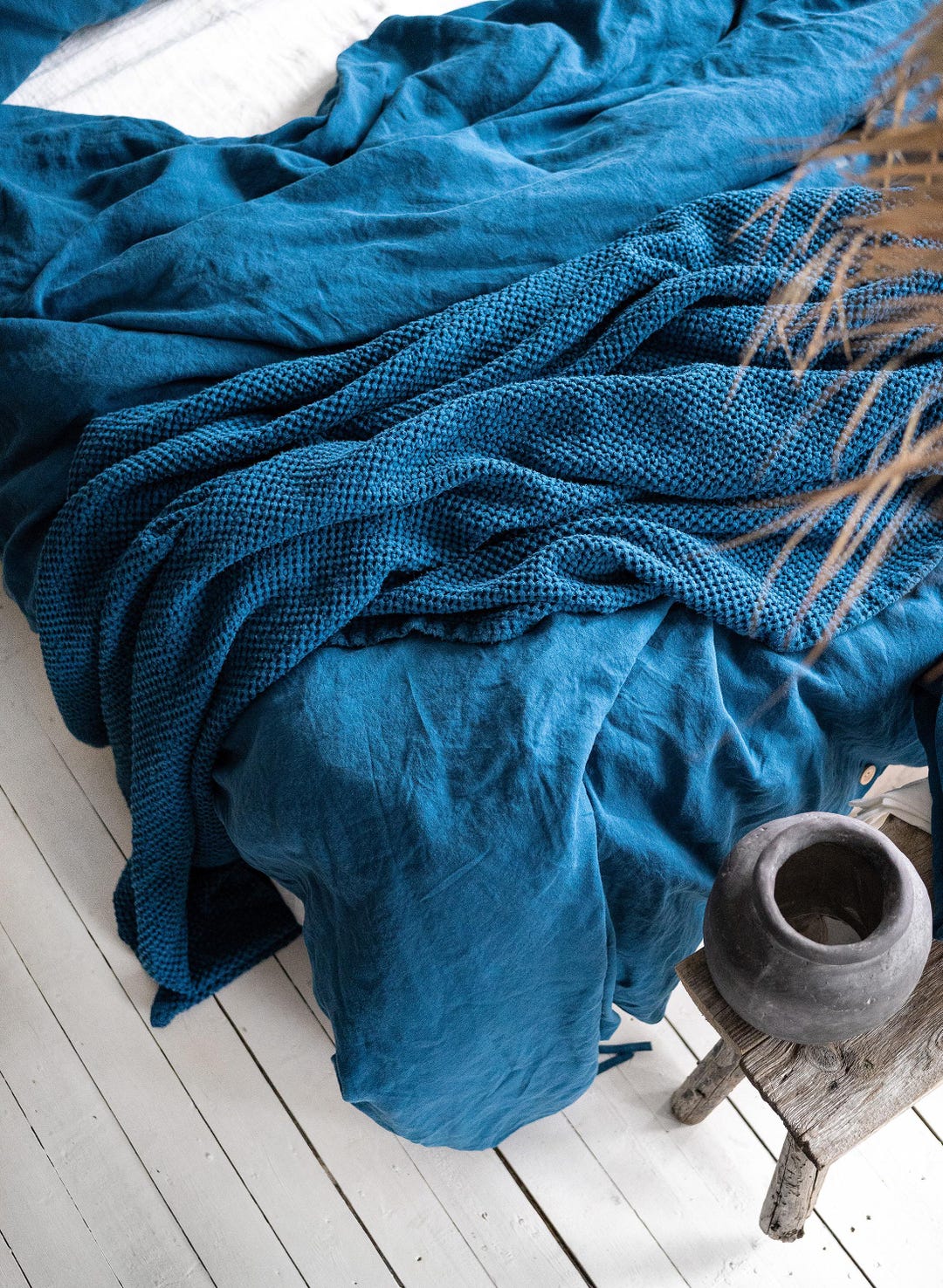 Waffle Blanket in Lake Blue. Extra Soft Waffle Throw Blanket. Linen ...