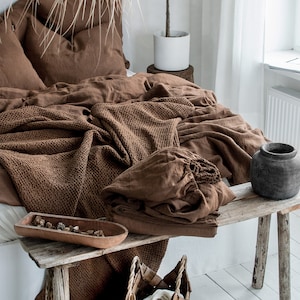 Linen Bedding Set in Walnut. Duvet Cover and 2 Pillowcases Set. King ...