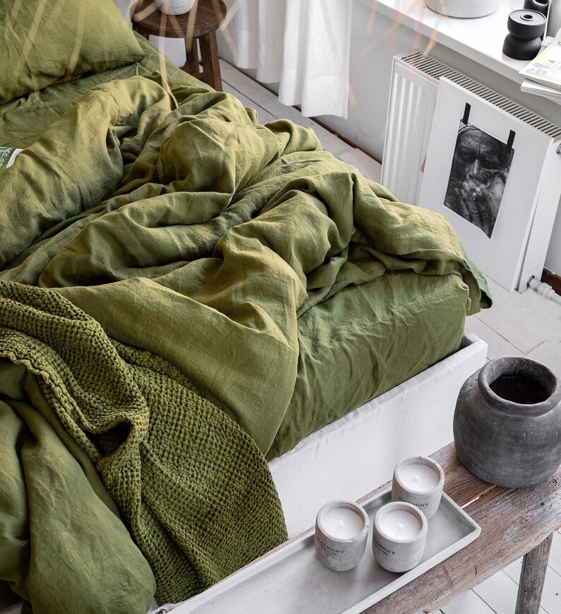 Linen Sheet Set in Moss Green - Fitted Sheet, Flat Sheet & 2 ...