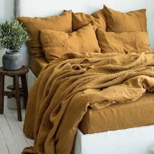 Mustard Linen Bedding Set - Duvet Cover & 2 Pillowcases - Soft Washed ...