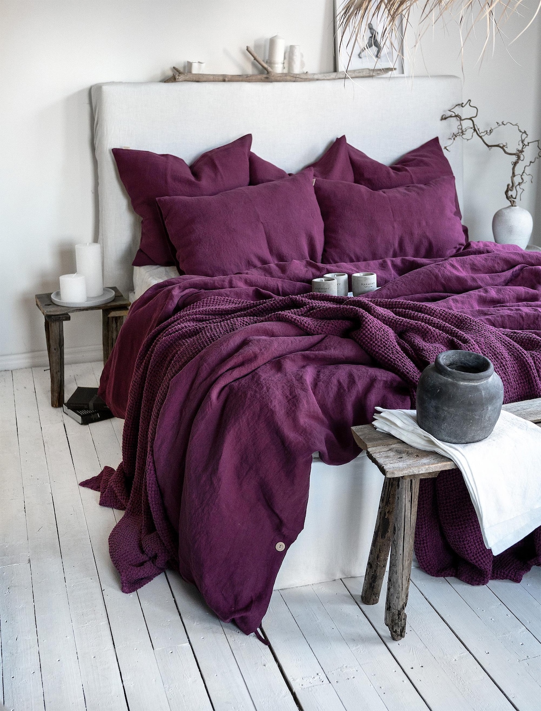 Linen Bedding Set in Fuchsia. Duvet Cover & 2 Pillowcases Set in King ...
