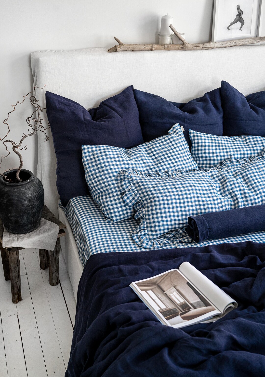 Blue Gingham Linen Sheet Set - Lake Blue Checked Bedding - Fitted, Flat ...