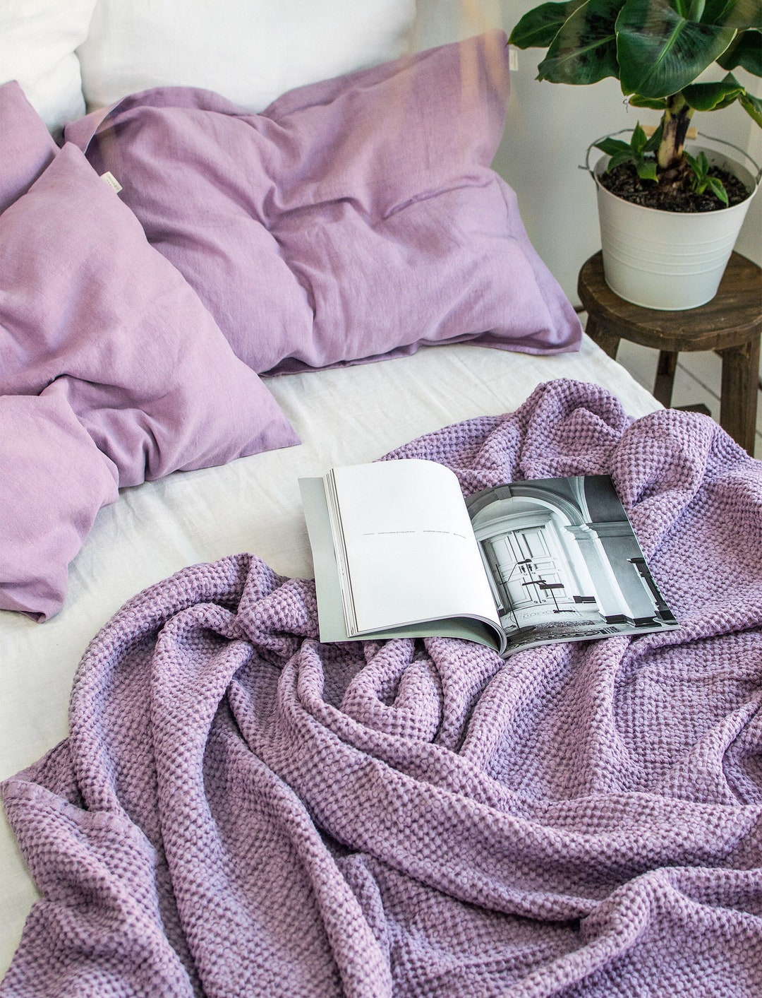 LAVENDER WAFFLE COVERLET. Naturally Softened Linen Bed Coverlet in ...