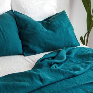 Linen Sheet Set in Emerald Blue - Fitted Sheet, Flat Sheet, 2 ...